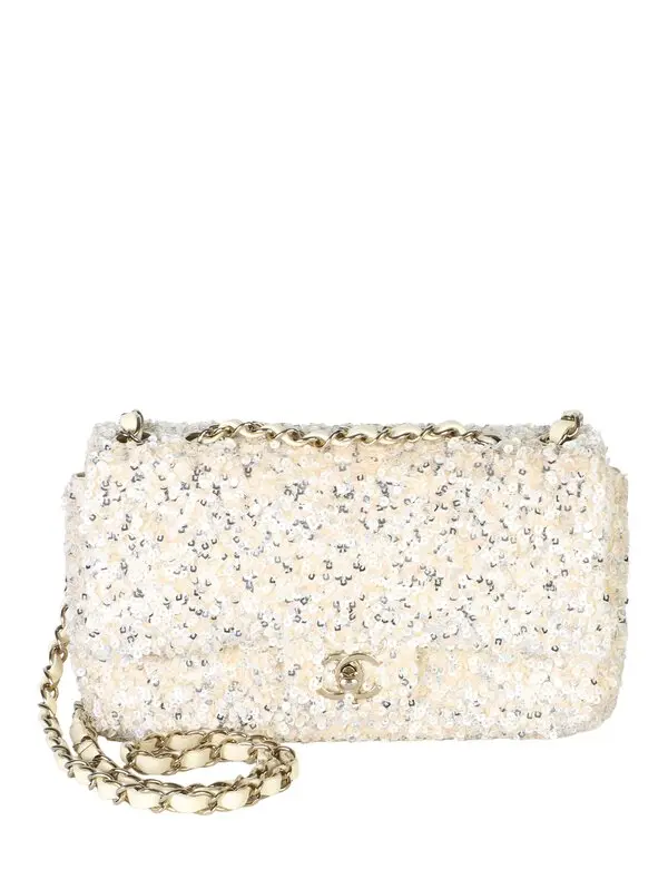 Chanel Cream Silver Sequin Single Flap Bag - Neutral