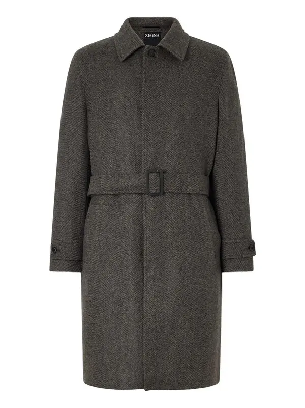Zegna Belted Herringbone Cashmere Trench Coat - Green