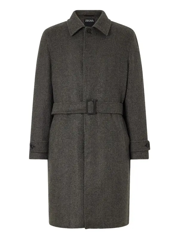 Zegna Oasi Belted Herringbone Cashmere Trench Coat - Green