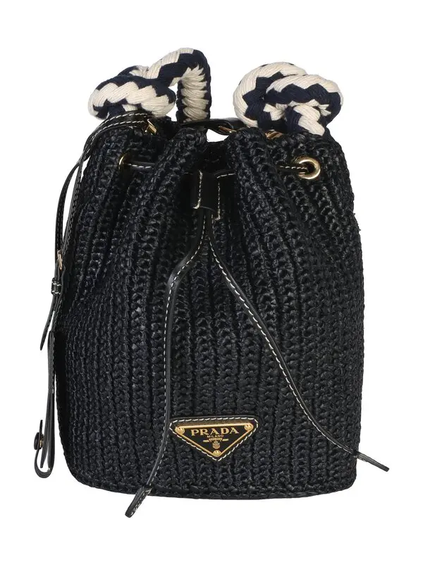 Prada Yarn Raffia Effect Crochet Drawstring Bucket Bag - Black