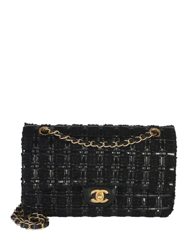 Chanel Tweed Woven Patent Classic Double Flap Bag - Black