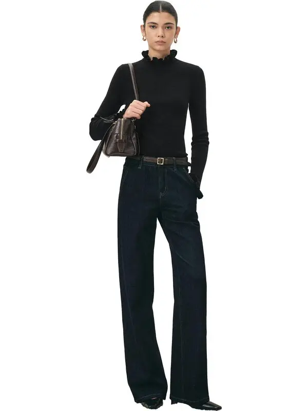 Fabrique Fitted Ruffle Trim Highneck Top In Wool Blend - Black