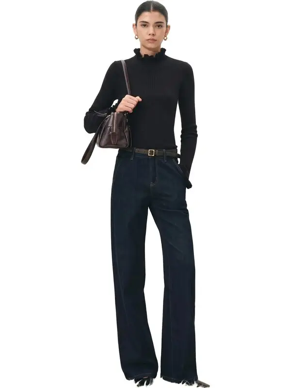 Fabrique Fitted Ruffle Trim Highneck Top In Wool Blend - Black