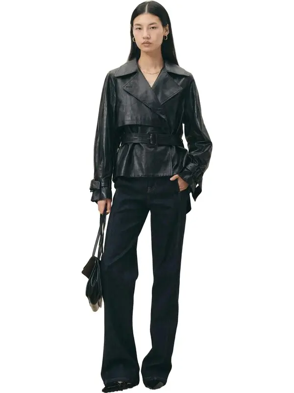 Fabrique Eliana Belted Cropped Trench Jacket In Waxed Lambskin - Black