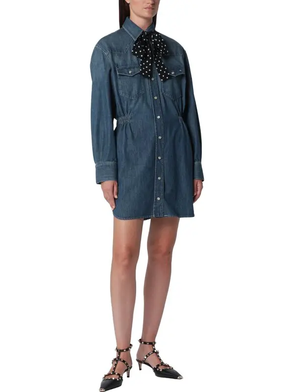 Valentino Garavani Denim Dress With Polka-dot Scarf Detail - Blue