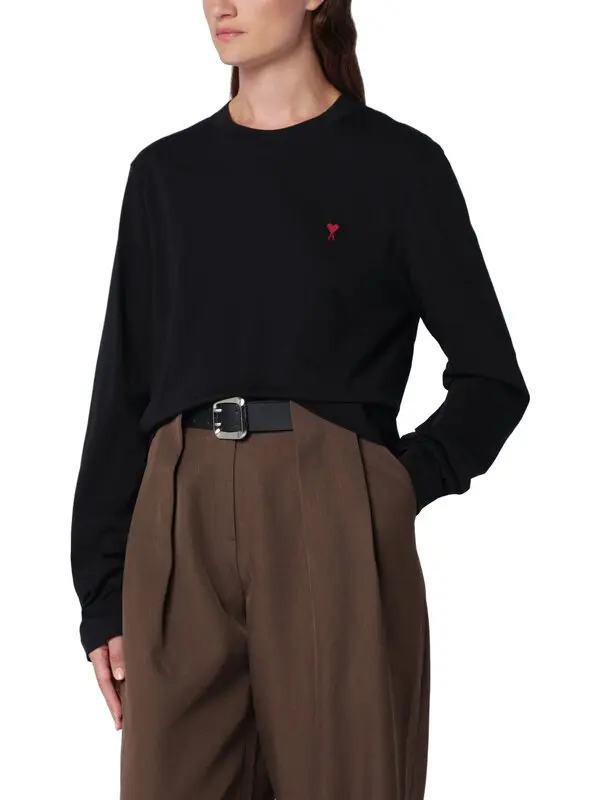 AMI Paris Cotton Crew Neck Long Sleeve Sweater - Black