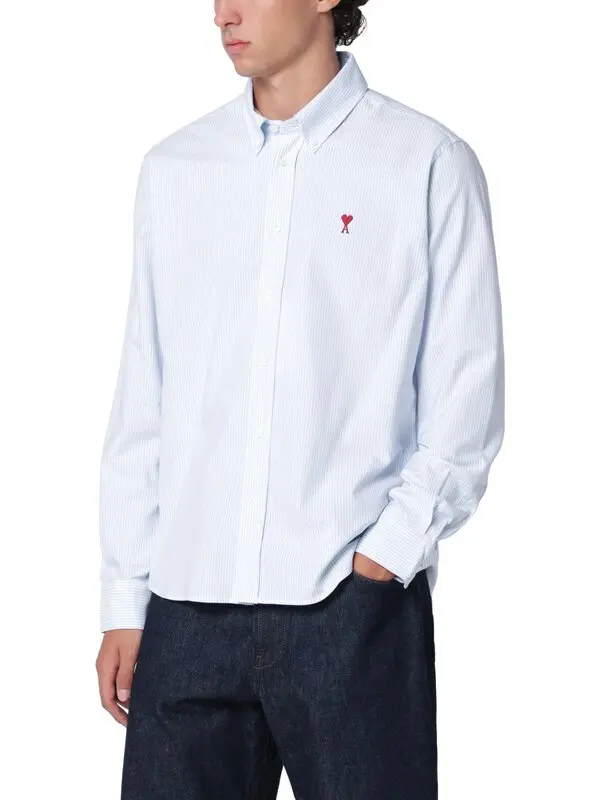 AMI Paris White Striped De Coeur Shirt - Light Blue