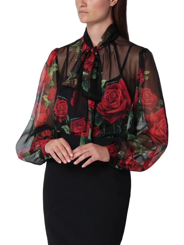 Dolce & Gabbana Silk Rose Print Blouse - Black