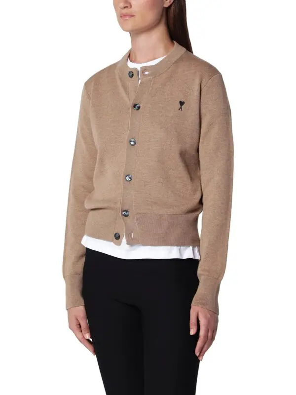 AMI Paris Camel Wool Cardigan With Embroidered Logo - Beige