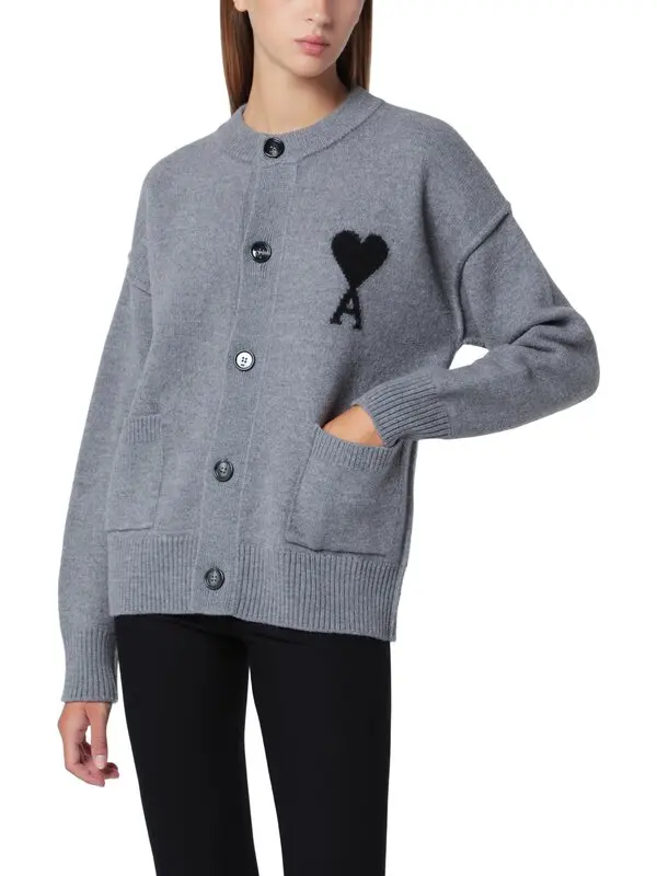AMI Paris De Cœur Wool Cardigan - Grey