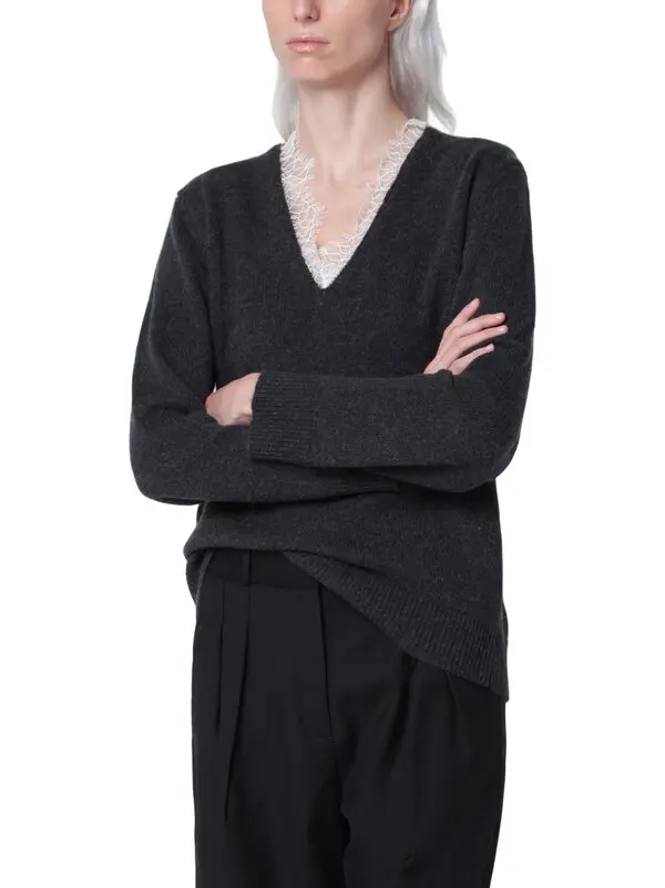 Loulou De Saison Leyla Cashmere Sweater With Lace Trim - Black