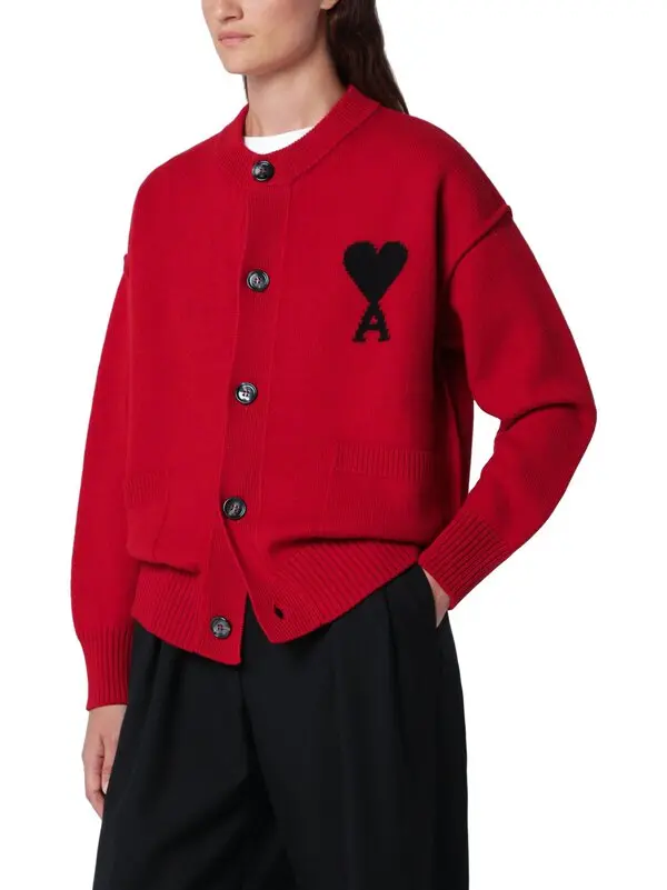 AMI Paris Ruby Merino Wool Cardigan With De Coeur Motif - Red