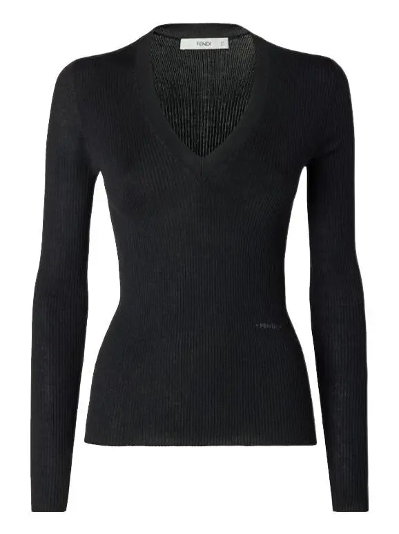 Fendi Ribbed Wool V-neck Jumper - Black
