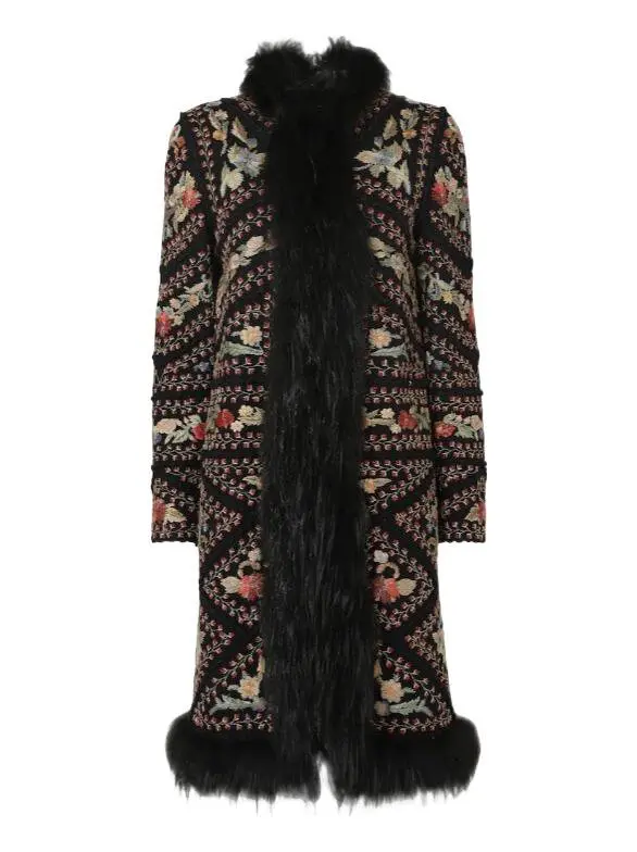 Fendi Embroidered Tulle Coat With Fox Fur Trim - Black
