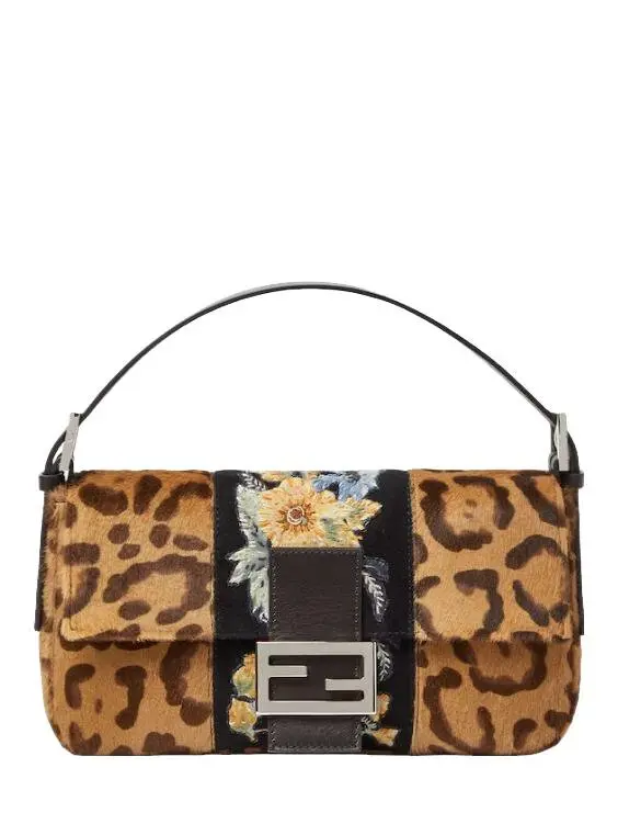 Fendi Baguette Embroidered Jaguar Print Pony-effect Leather Bag - Brown