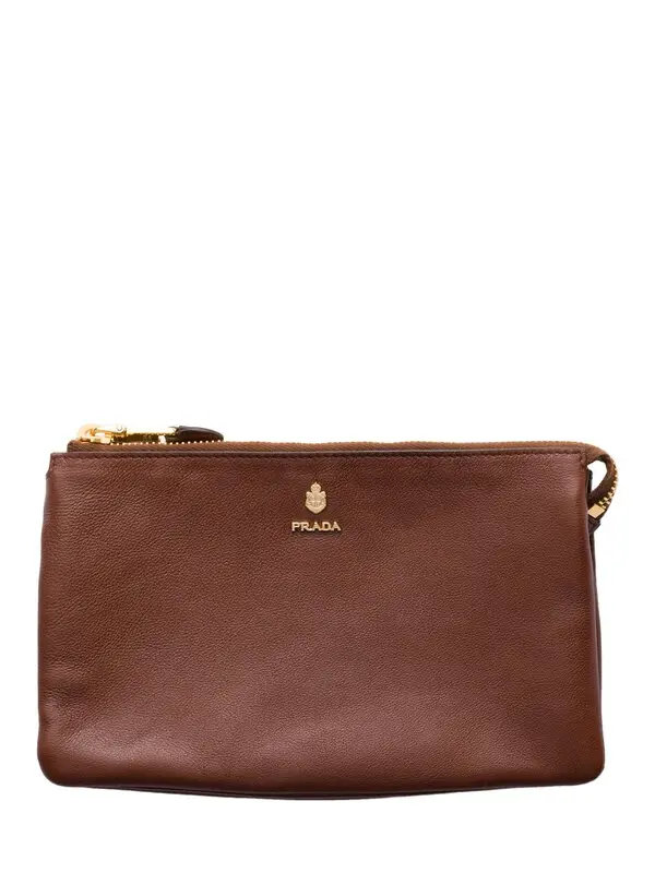 Prada Leather Zipper Pouch With Metal Lettering Logo - Brown