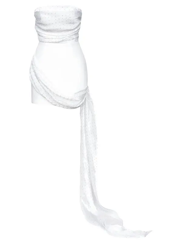 POST MERIDIEM Mini Dress With Train And Rhinestone Detail - White
