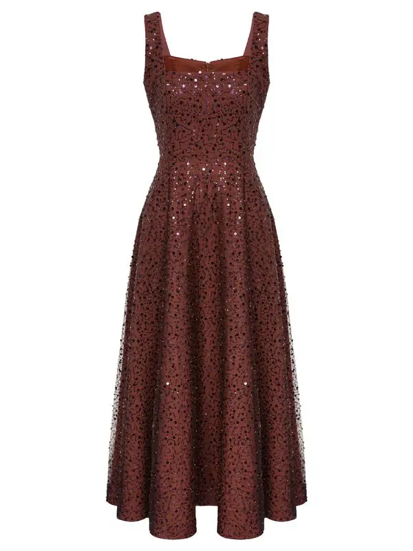 POST MERIDIEM Chocolate Sequined Embellished Midi Dress - Brown