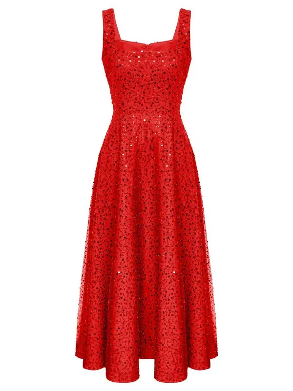POST MERIDIEM Embellished Midi Dress With Sequins And Beads - Red
