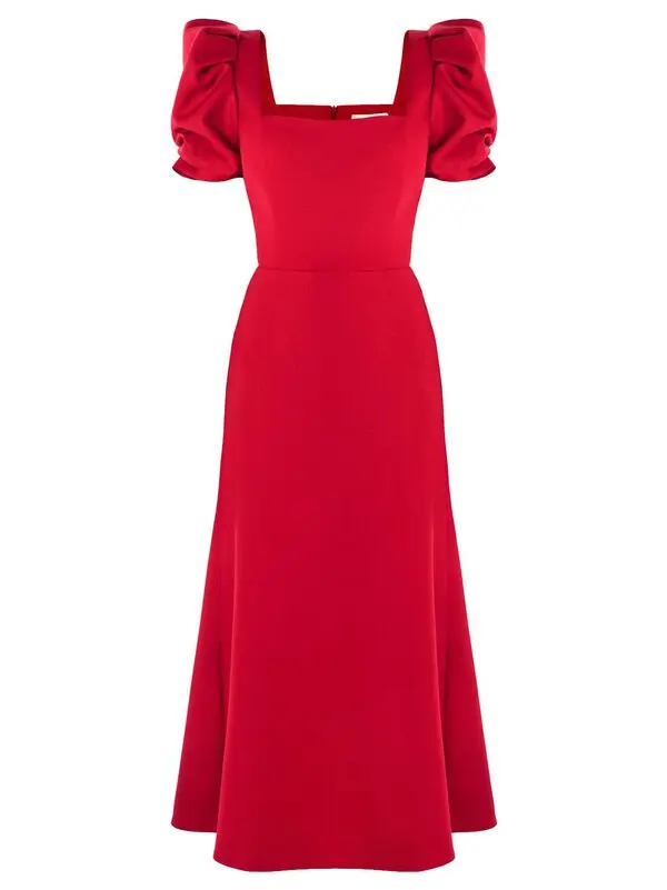 POST MERIDIEM Godet Silhouette Square Neck Midi Dress - Red