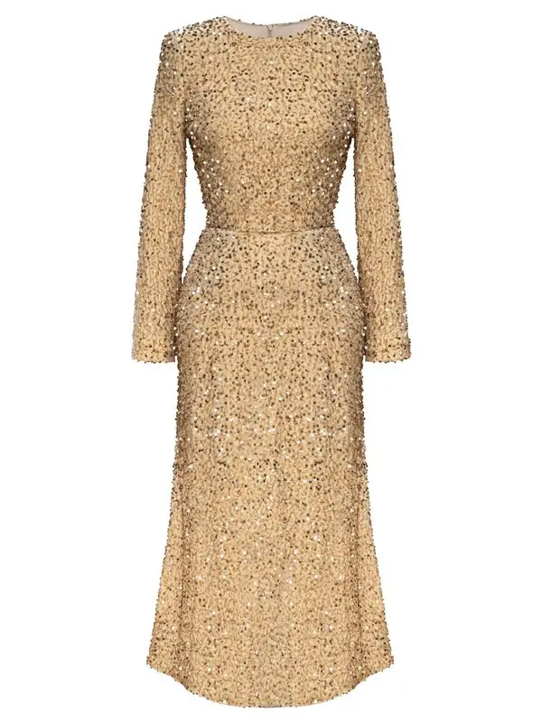 POST MERIDIEM Sequined Velvet Long Sleeve Midi Dress - Gold