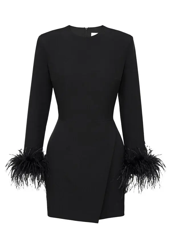 POST MERIDIEM Wrap Feather Sleeve Mini Dress - Black