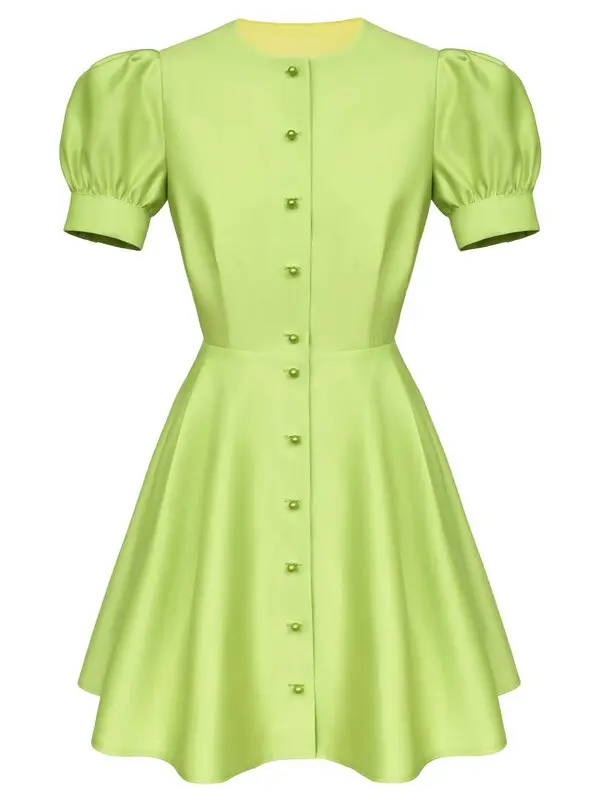 POST MERIDIEM Button Front Lantern Sleeve Mini Dress - Green