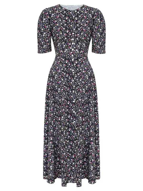 POST MERIDIEM Navy Floral Print Buttoned Midi Dress - Blue