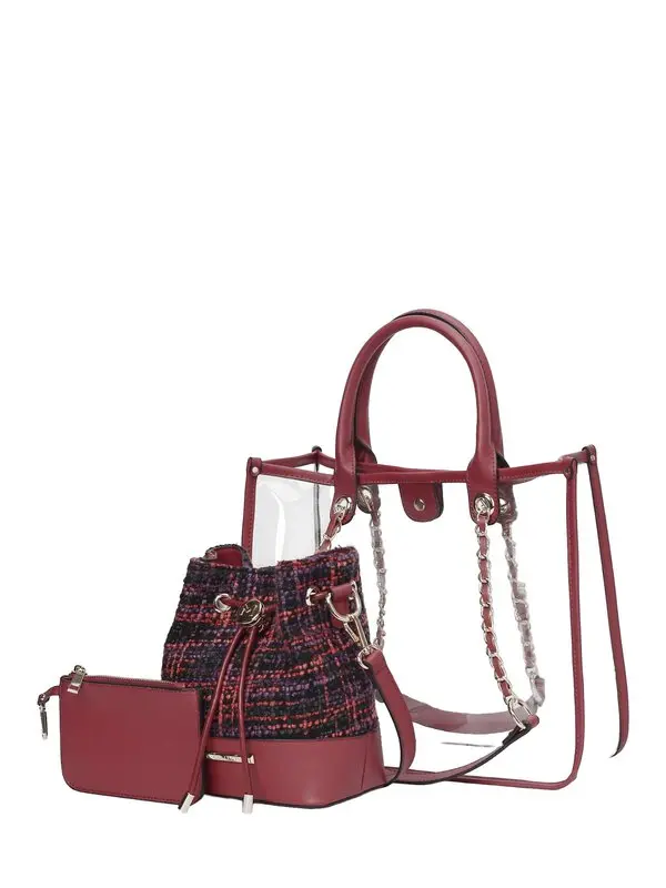 MKF COLLECTION - J'OMOR Diva Pvc Tote Bag With Tweed Bucket Bag And Pouch - Red