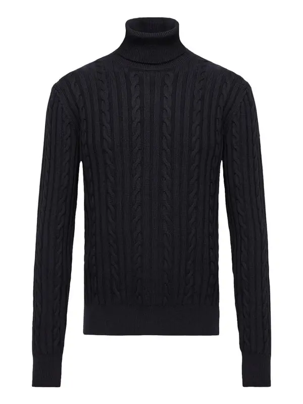 Moncler Wool Turtleneck Sweater With Cable Knit And Leather Logo - Blue