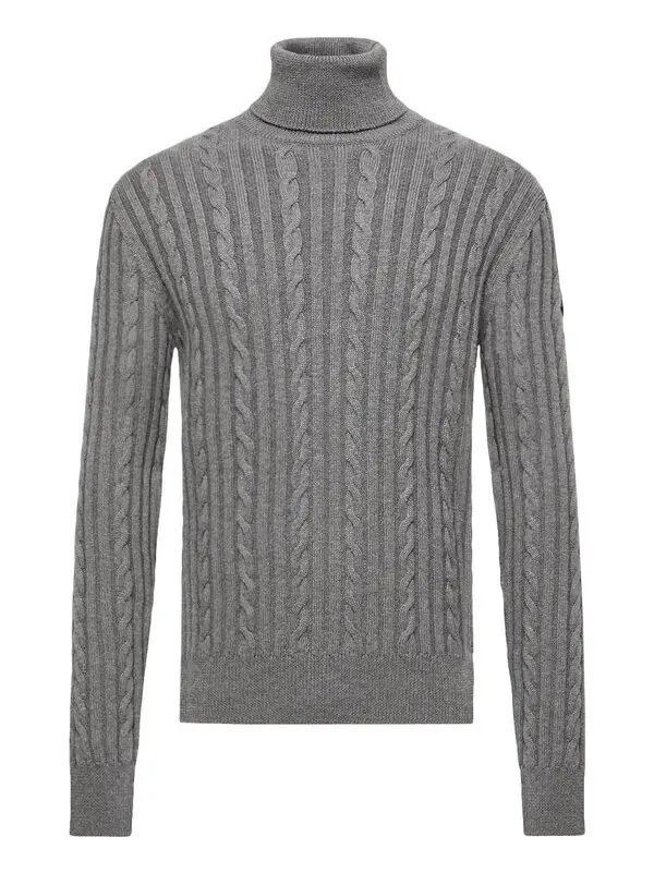 Moncler Wool Turtleneck Sweater With Cable Knit And Leather Logo - Grey