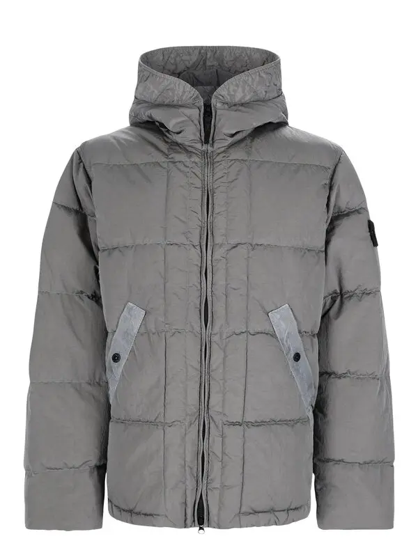 Stone Island Padded Jacket With High Collar And Logo Patch - Grey
