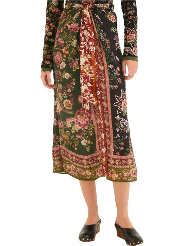 Farm Rio Floral Midi Skirt - Brown