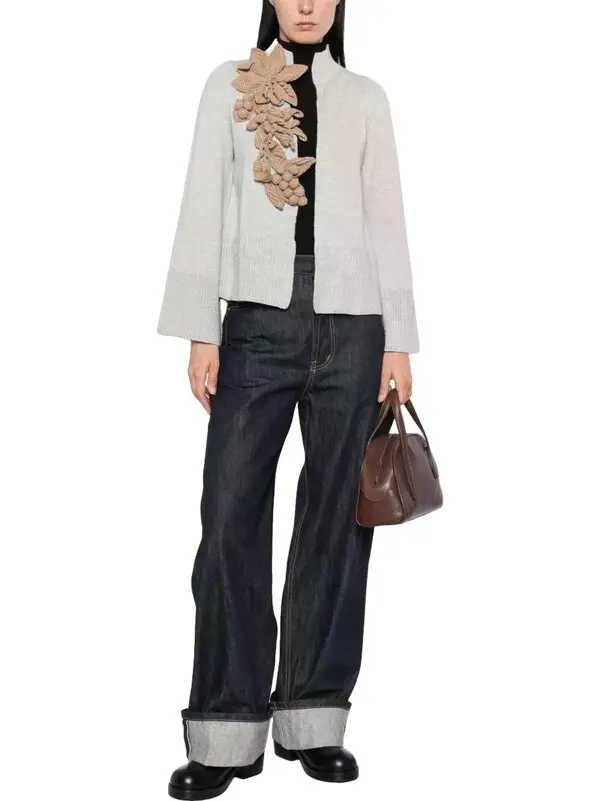PSOPHIA Flower Appliqué High Neck Cardigan - Grey