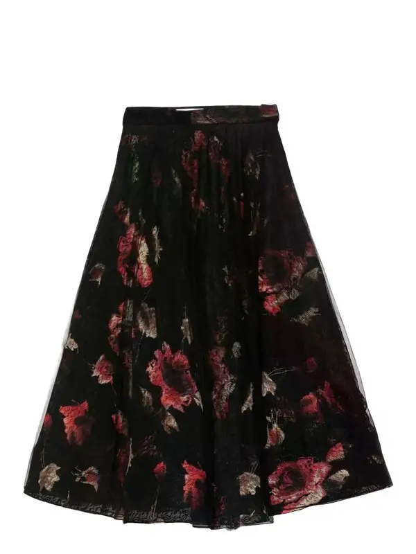 QUETSCHE Floral-lace Tulle Overlay Midi Skirt - Black