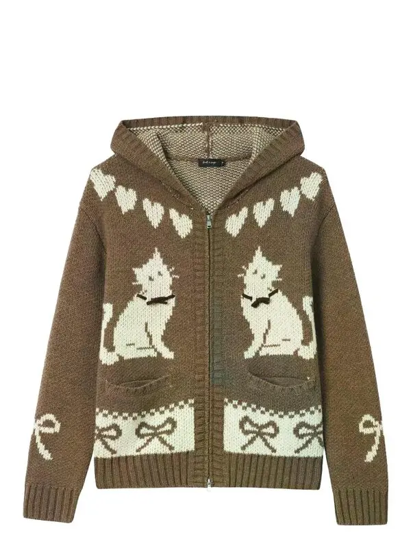 TOUT A COUP Intarsia Knit Cat-motif Cardigan - Brown