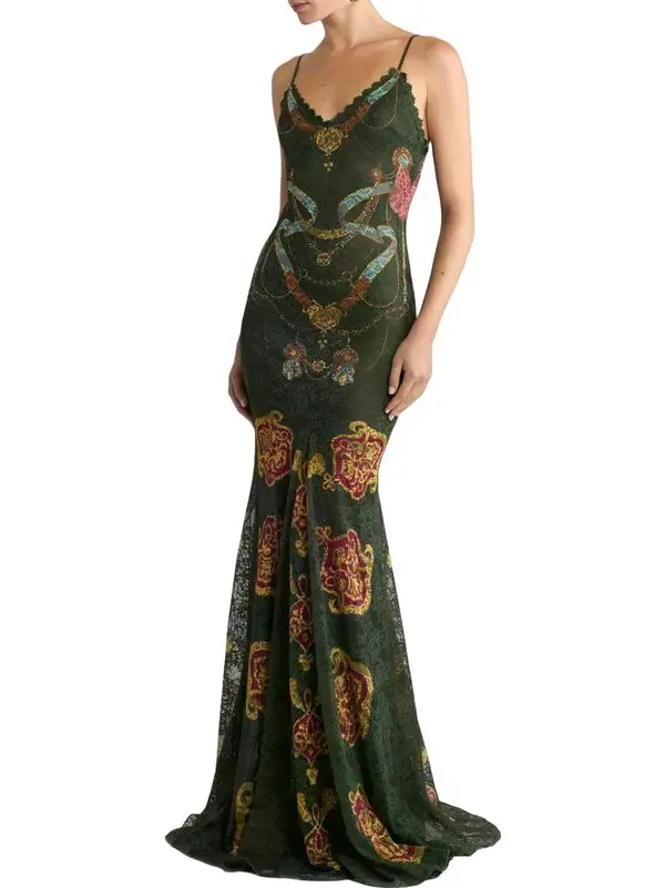 Etro Long Lace Maxi Dress With Plunge Neck And Printed Bodice - Green