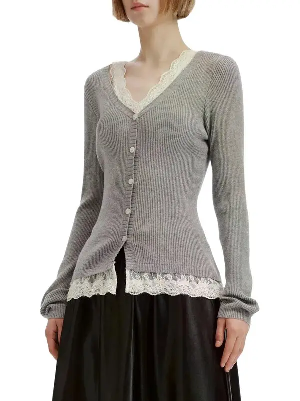 B+AB Ribbed Knit Lace-trim Cardigan - Grey