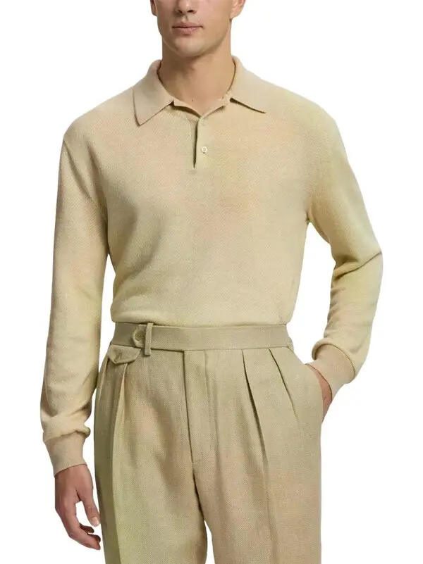 Ralph Lauren Purple Label Champagne Beige Herringbone Knit Polo Sweater - Neutrals