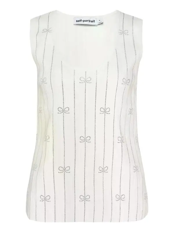 SELF-PORTRAIT Rhinestone Embellished Striped Knit Top - White