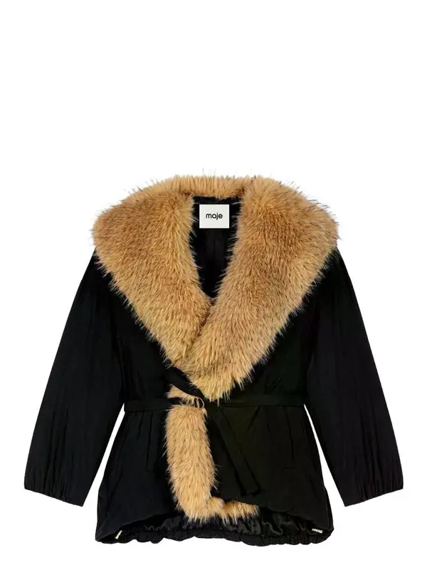 Maje Faux Fur Trimmed Shawl Collar Coat - Black
