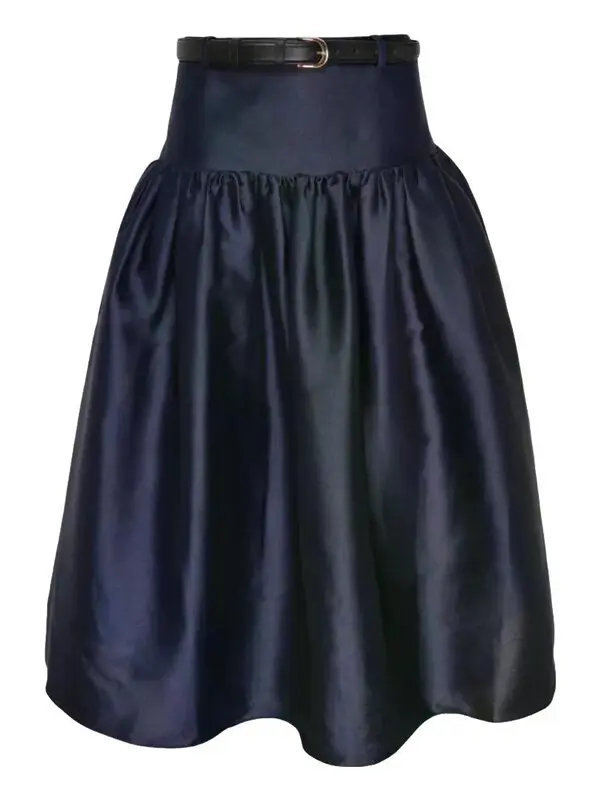 SELF-PORTRAIT Belted Taffeta Midi Skirt - Blue