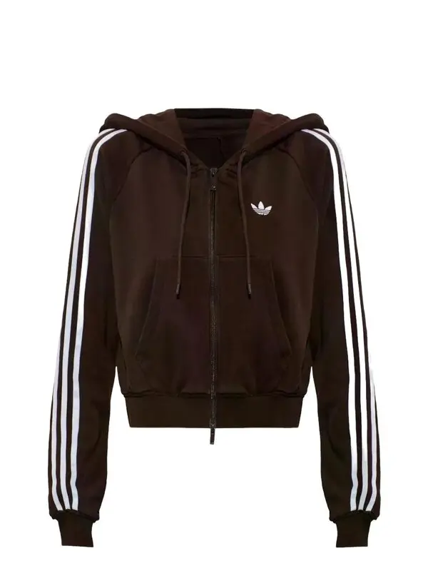 Adidas Logo Embroidered Side Stripe Cropped Hoodie - Brown
