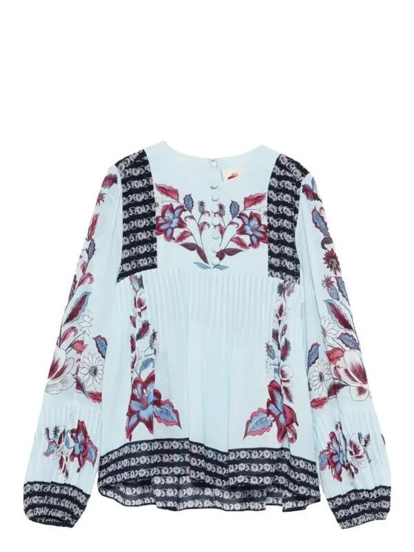 Farm Rio Marcelle Floral-print Pleated Blouse - Blue