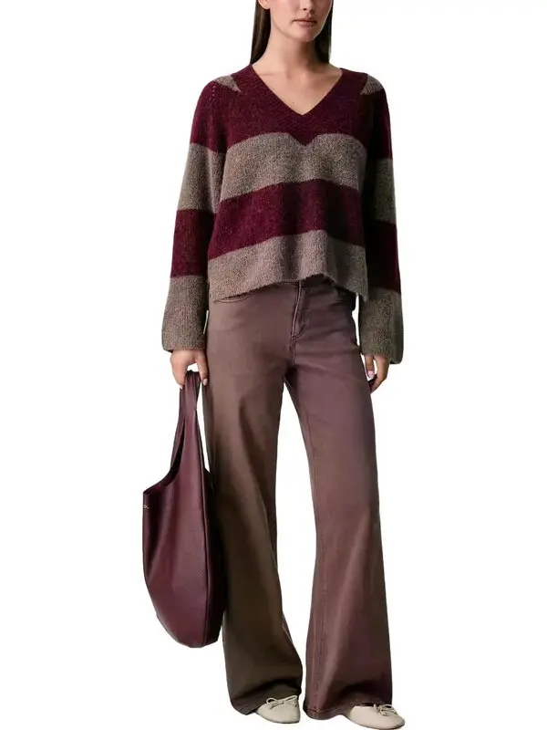 MOS MOSH Striped V-neck Sweater - Red