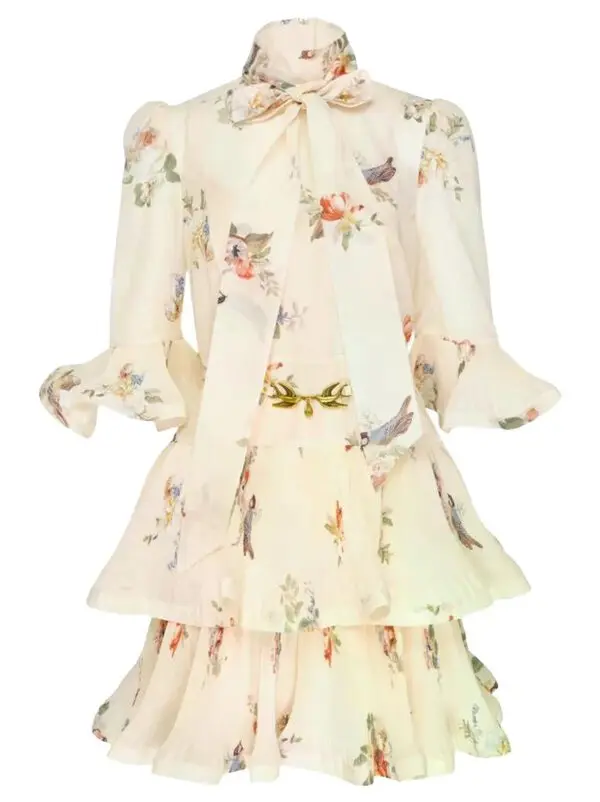 Zimmermann Cream Beige Floral And Bird Print Pussy-bow Collar Mini Dress - Neutrals