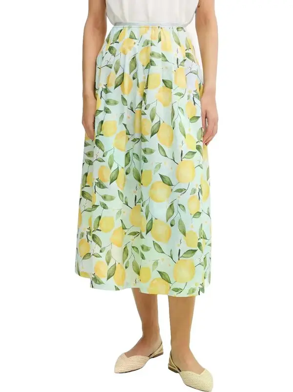 OUI Lemon Print Pleated Midi Skirt - Green