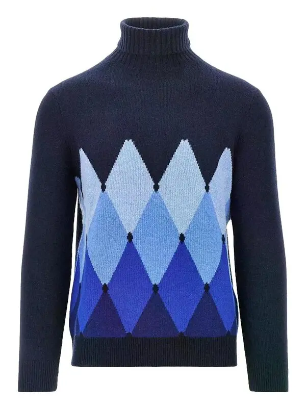 BALLANTYNE Argyle Cashmere Roll Neck Sweater - Blue