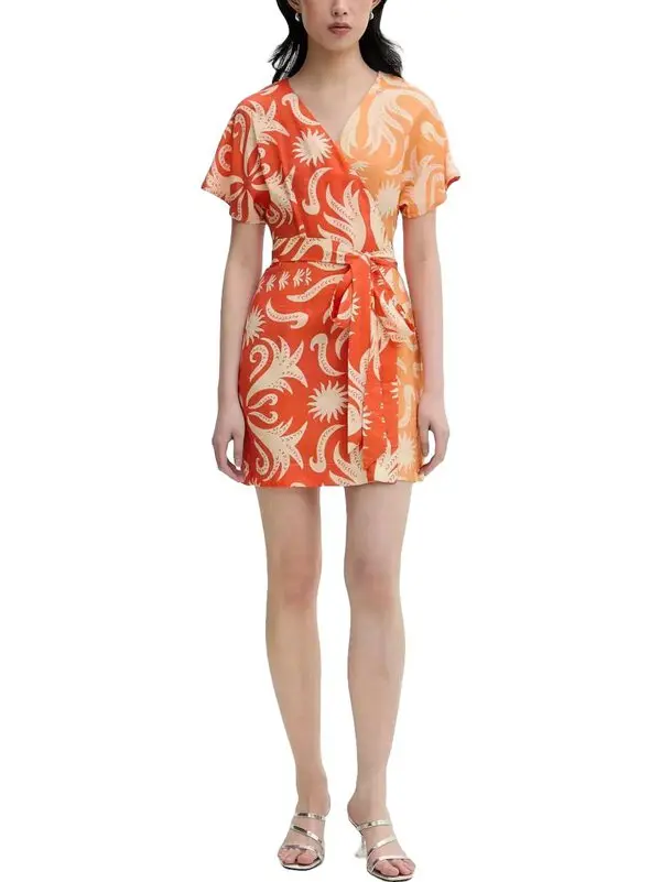NEVER FULLY DRESSED Abstract Print Wrap Mini Dress - Orange