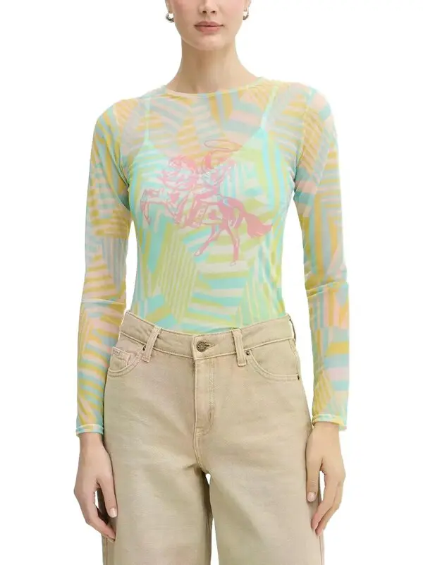 NEVER FULLY DRESSED Geometric Print Mesh Long Sleeve T-shirt - Neutrals